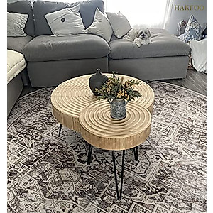 Uspeedy 2-Piece Farmhouse Wooden Coffee Table Set,Boho Coffee Table,Living Room Round Coffee Table Set,Nesting Table Round Wooden Finish with Ring Motif (Wood 1)