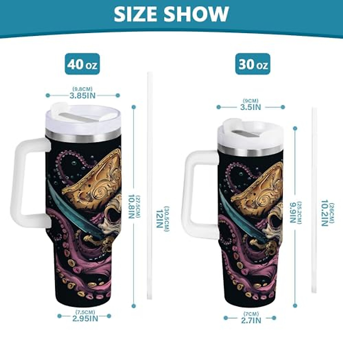 Jihqo Octopus Skull Pirate 40 oz Stainless Steel Vacuum Insulated Tumbler with Handle and Straw Lid, Leakproof Water Bottle Double Wall Travel Mug Coffee Cup, Cupholder Friendly