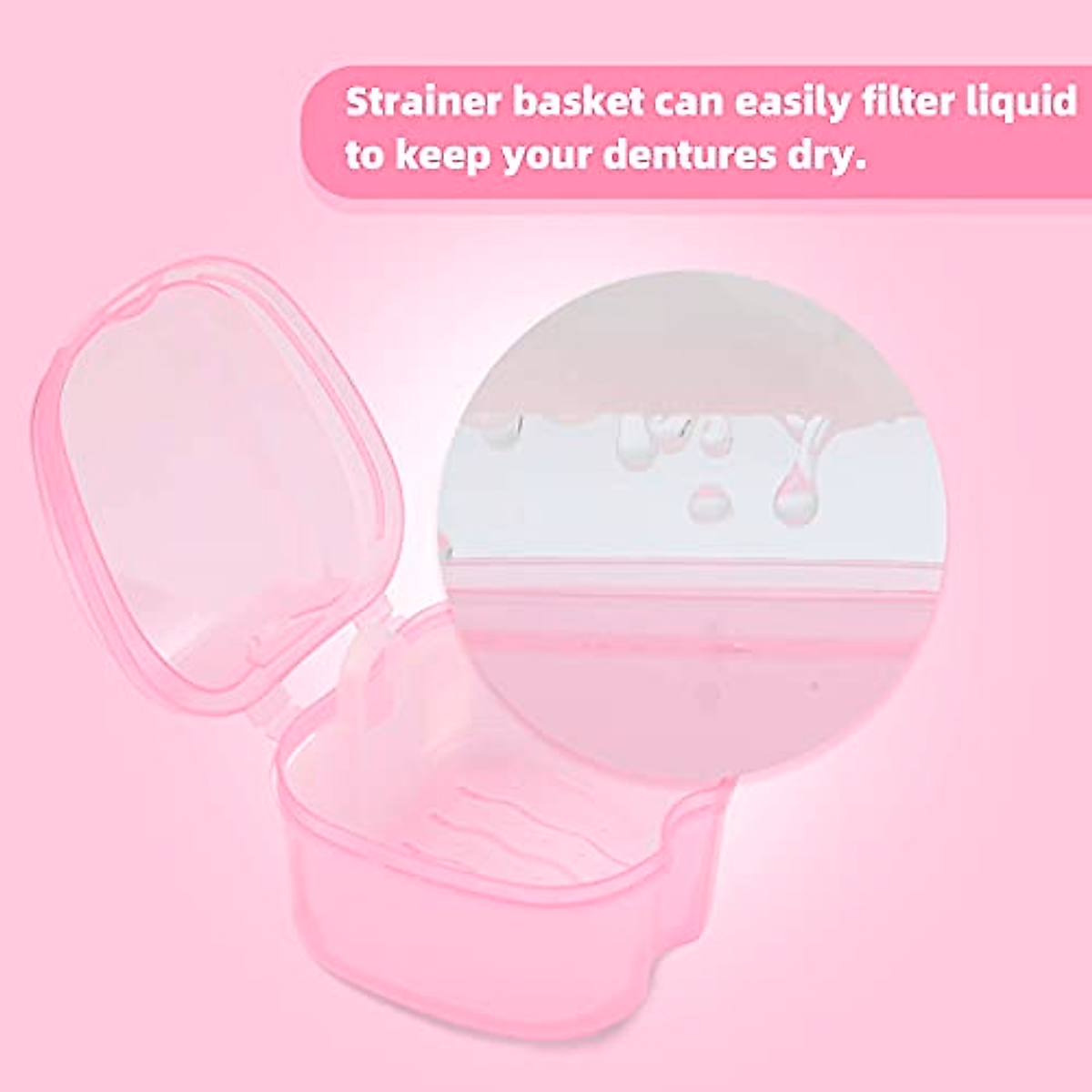 Dental Orthodontic Retainer Container Cleaning Case,Denture Bath Box Case Cup Holder, Mouthguard Storage Soaking Case - Leak Proof with Lid Waterproof - Pink