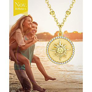 CDE 14K Gold Plated Sun Coin Birthstone Pendant Necklaces for Women 925 Sterling Silver, Christmas Birthday Anniversary Jewelry Gift for Women Girlfriend Mom Daughter Her