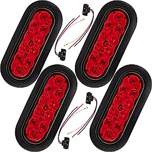 TOPEND 6 Inch Red Oval Led Trailer Tail Light 4PCS for RV Truck Jeep - Stop/Turn/Tail Light Marine Waterproof - Including 3-pin Water Tight Plug DOT/SAE with Wires and Grommet