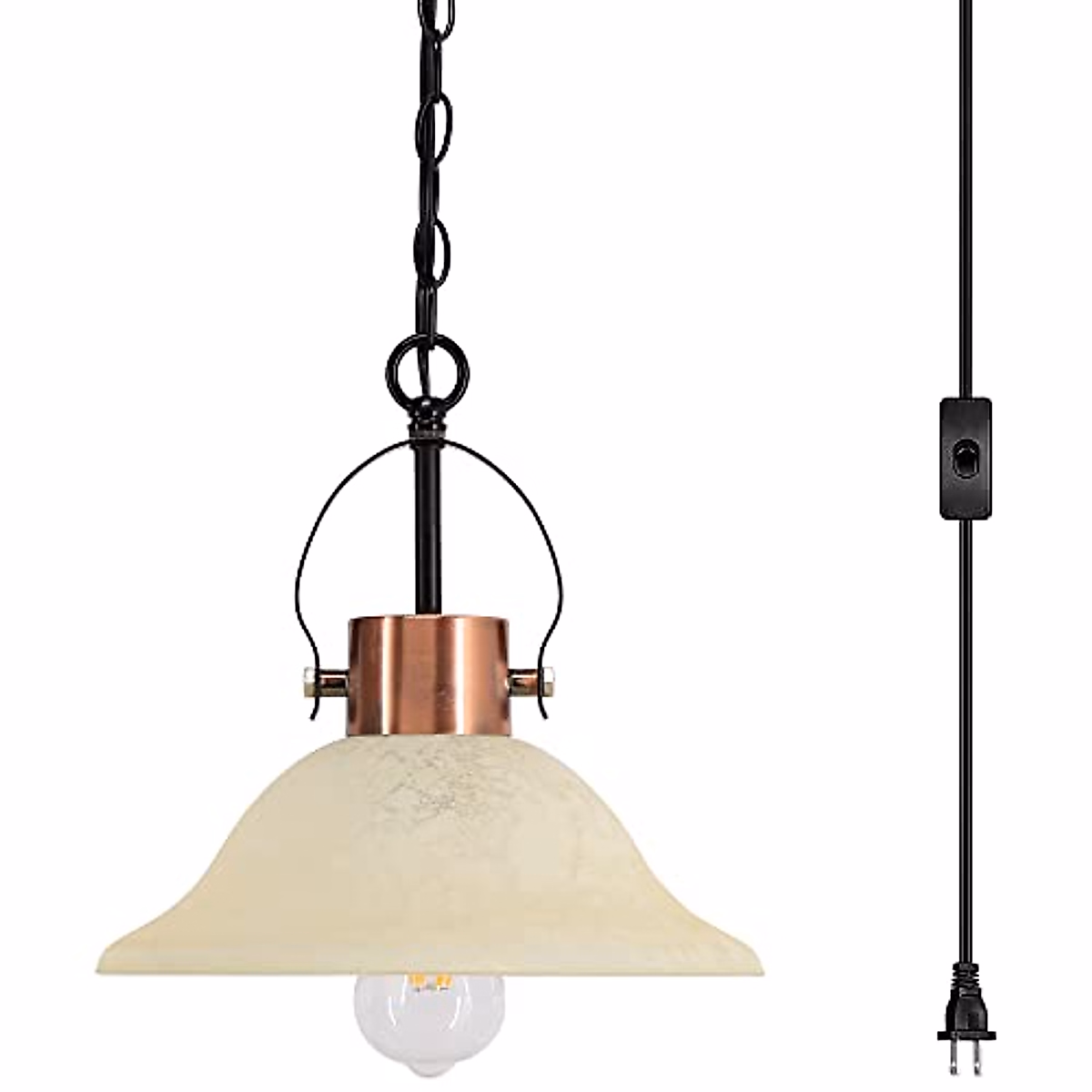 ANYONGLU Traditional Plug-in Pendant Lighting Fixture Amber Alabaster Glass Bowl Shade Antique Industrial Hanging Lamp for Kitchen Dining Room