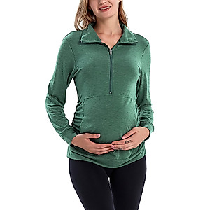 GINKANA Maternity Long Sleeve Shirt Lapel Zipper Casual Lightweight Maternity Top Shirts with Pockets,Green,S