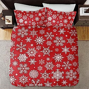 Duvet Cover Queen Size, Christmas Snowflakes Red Merry Bedding Set with Zipper Closure for Kids and Adults, Winter Xmas Crystal Comforter Cover with 2 Pillow Shams for Bedroom Bed Decor