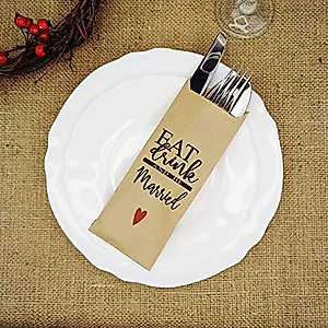 Eat Drink and Be Married Paper Silverware Bags - Utensil Holders For Wedding Rehearsal Dinner or Engagement Barbeque - Silverware Holder Bag - Pocket Sleeves - Flat 2.8" x 7.5" - Pack of 50