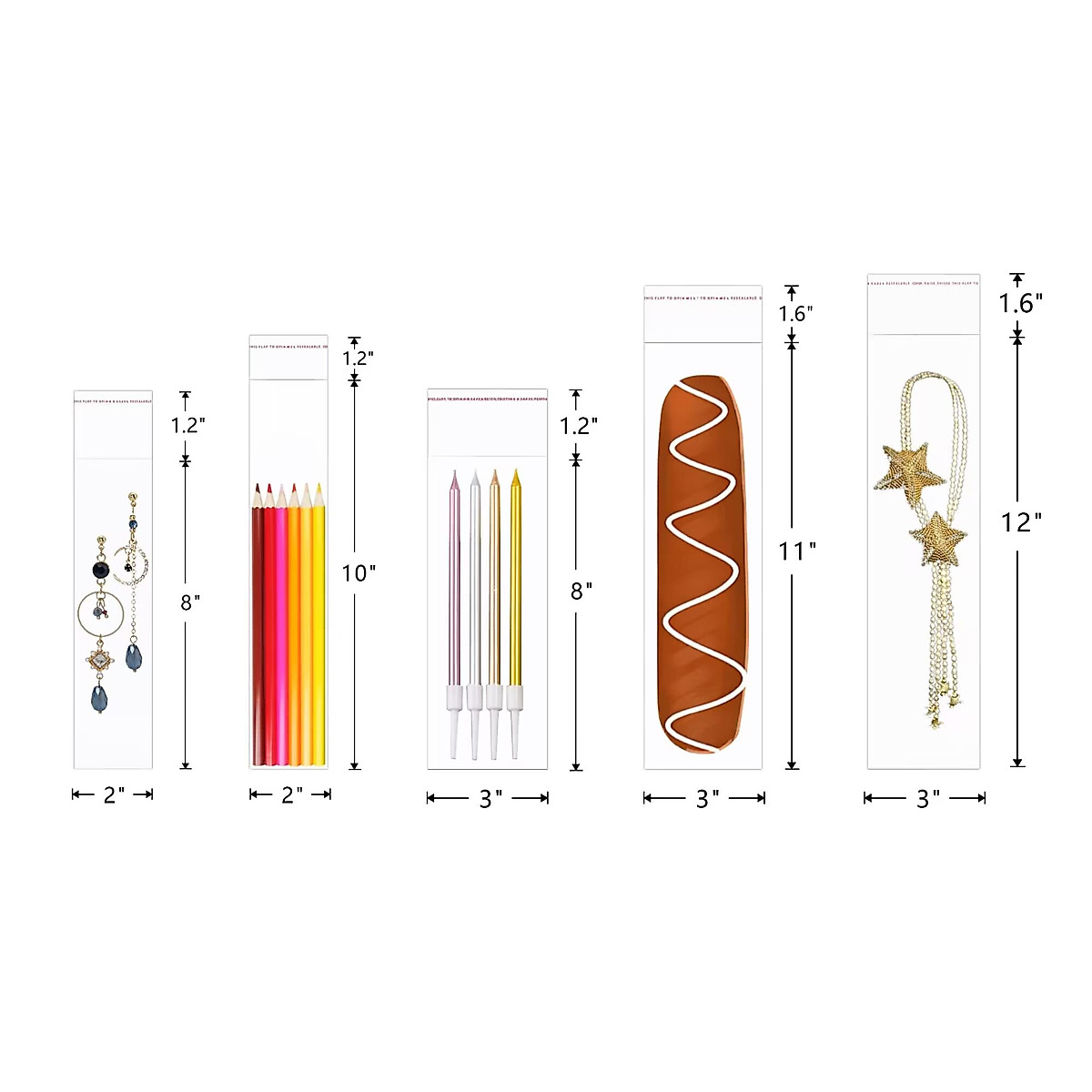 2" x 8" Cello Bags 100pcs Long Resealable Cellophane Bags OPP Self Adhesive Bags 1 Mil for Pretzel Bakery Cookies Candies Jewelry Crafts Candles Party (5 Sizes to Choose from)