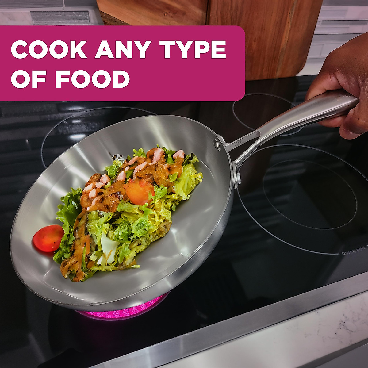 YLARI 8 Inch Tri-Ply Stainless Steel Frying Pan Whith Extra (3PCS), Stainless Steel Skillet, Stainless Steel pan, Chef's Pan, Skillet,cool Handle in All Induction Pan, Dishwasher and Oven Safe.