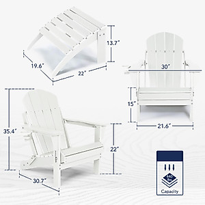 ABCPATIO Folding Adirondack Chair with Footrest - Outdoor Weather Resistant Plastic Adirondack Chairs with Detachable Ottoman, Stackable Seating with Cup Holder for Patio (Seat Width 21.6",White)