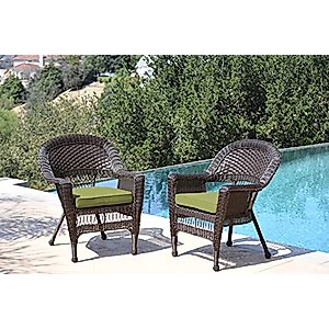 Jeco Wicker Chair with Green Cushion, Set of 2, Espresso