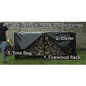 BLUEHOME 8ft Heavy Duty Indoor Outdoor Firewood Storage - Log Rack with Waterproof Cover and Log Carrier Combo – Black Steel Tubular Log Holder for Fire Pits and Fireplaces – Easy to Assemble