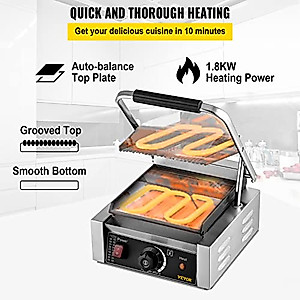 Happybuy Commercial Sandwich Panini Press Grill,110V 1800W Up Grooved and Down Flat Plates Electric Sandwich Maker, Temperature Control 122°F-572°F for Hamburgers Steaks Bacons
