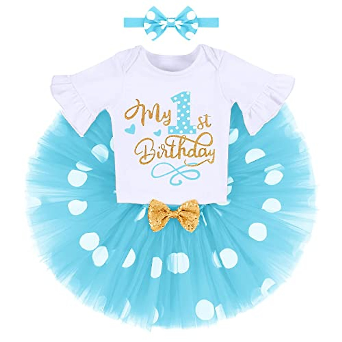 IBTOM CASTLE It's My 1st Birthday Outfit For Baby Girls First Birthday Gift Wild ONE Bodysuit Romper Onesie Sequin Bow-tie Tulle Tutu Polka Dots Skirt for Photo Shoot w/Ears Headband Blue 1T