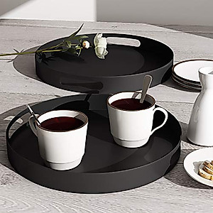 YOAYO Modern Round Decorative Iron Tray - Black 13" Coffee Table Serving Tray with Handles,Decorative Tray for Perfume,Vanity Counter Bathroom Tray