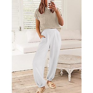 ANRABESS Women's Two Piece Outfits Knit Sweater Vest Crop Top Pants Lounge Matching Tracksuit Sweatsuit Travel Clothes Sets Khaki White Small