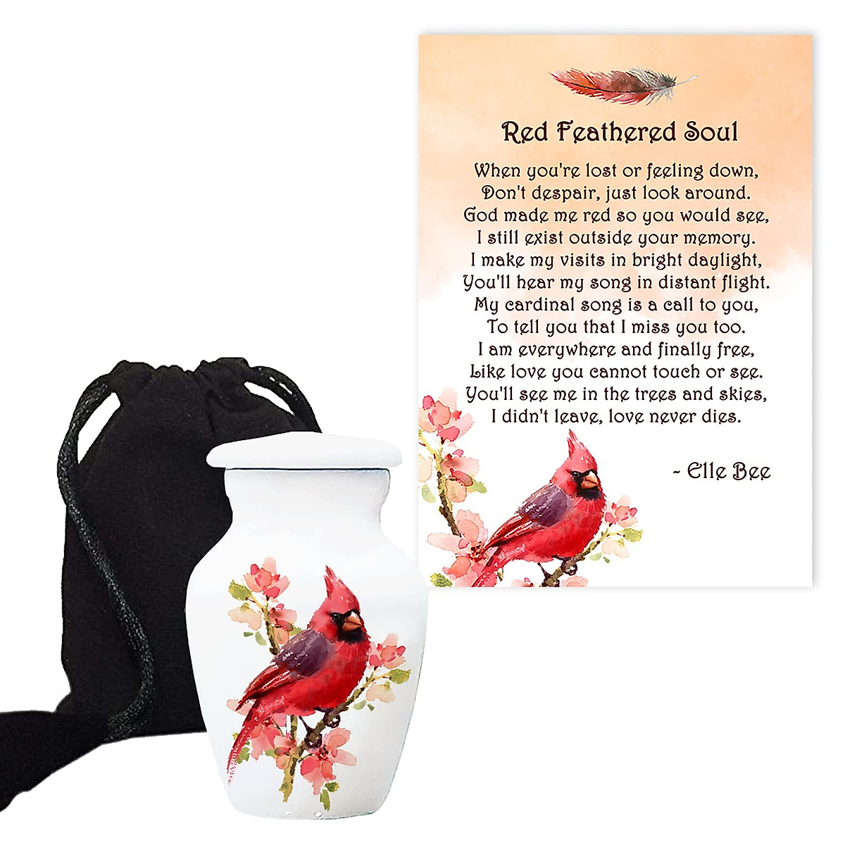 Lola Bella Gifts Cardinal Small Keepsake Memorial Cremation Urn and Red Feathered Soul Poem Card with Box Grief Sympathy Gift