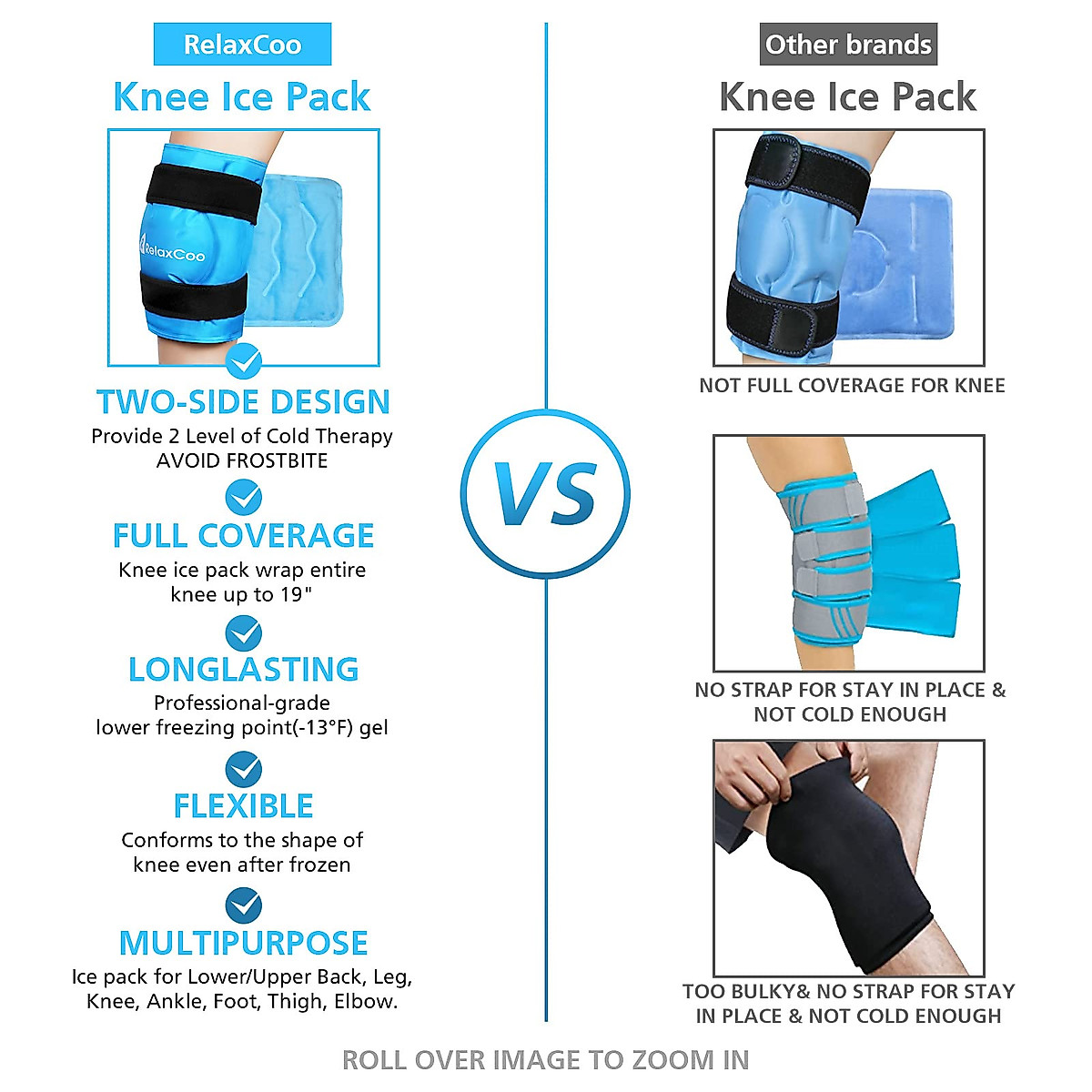 RelaxCoo XXL Knee Ice Pack Wrap Around Entire Knee After Surgery, Gel Ice Pack for Knee Injuries Reusable, Large Cold Pack for Pain Relief, Swelling
