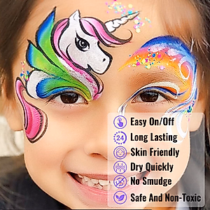 SPRINGSKY 39 Colors Face Paint Kit For Kids: Professional Face Painting Kit with 6 Stencils and 13 Brushes - Water Activated Facepaint Makeup Kit - Non Toxic Face Paint for Halloween and Christmas