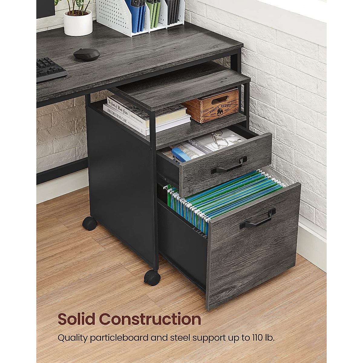 VASAGLE File Cabinet, Mobile Filing Cabinet with Wheels, 2 Drawers, Open Shelf, for A4, Letter Size, Hanging File Folders, Charcoal Gray and Ink Black UOFC071B04