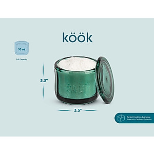 KooK Glass Salt Cellar, with Lid, Embossed Pressed Glass, Clear Storage Container, for Coffee, Sugar, Spices and Candies, 10 oz (Emerald Green)