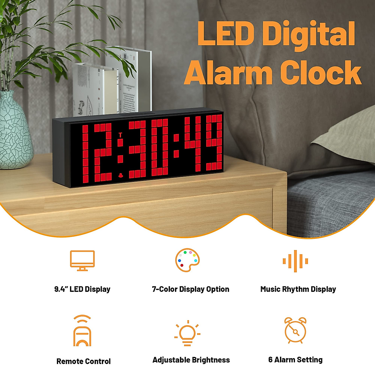 CHKOSDA Digital Alarm Clock, Led Clock with 2" Digital, 7 Color Options, Adjustable Brightness, Countdown Clock with Remote Control, Calendar and Temperature Display Desk Clock for Bedroom