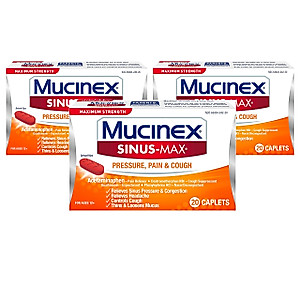 Maximum Strength Mucinex Sinus-Max Pressure and Pain Caplets, 20 Count Relieves Sinus Pressure & Congestion, Headache & Fever, and Thins & Loosens Mucus (Pack of 3)