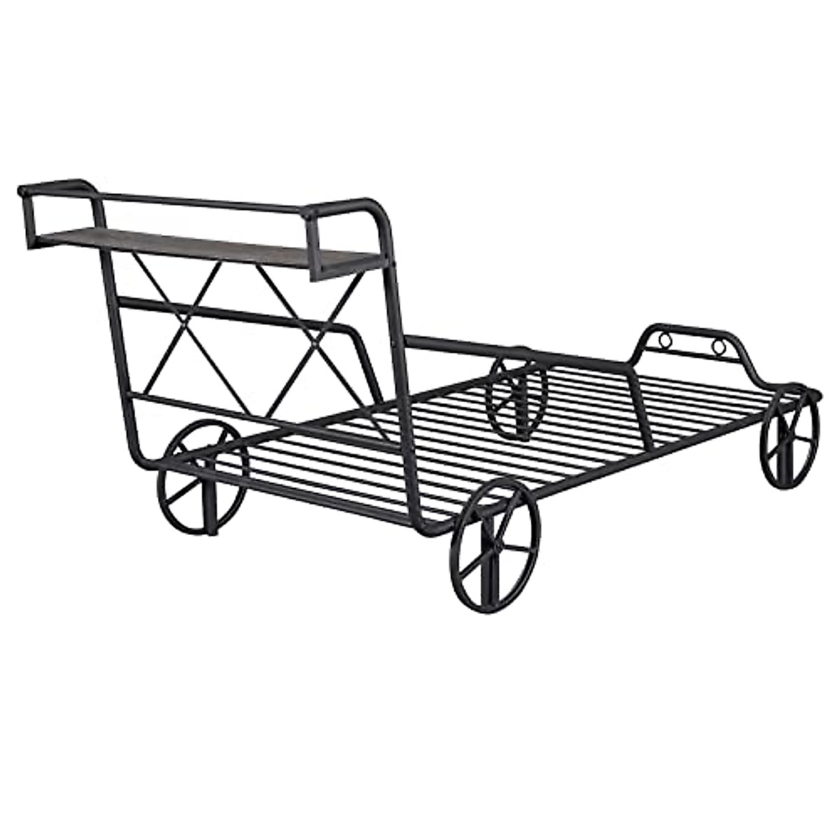 Twin Size Metal Platform Bed Frame with 4 Wheels and Storage Shelf, Car-Shaped Metal Bed with for Kids Teens Boys Girls, No Box Spring Needed, Under Bed Storage (Black)