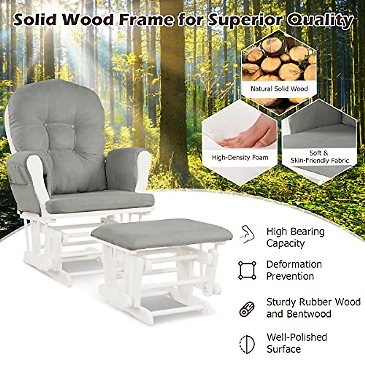 Costzon Glider and Ottoman Set, Wood Glider Rocker for Nursery, Upholstered Comfort Nursing Rocking Chair with Storage Pocket, Padded Armrests & Detachable Cushion, Easy to Assemble (Light Gray)