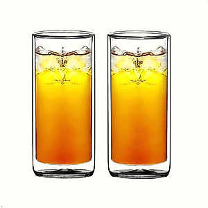 Sun's Tea Double Wall Insulated Glass Tumbler, 16oz (450ml) Highball Glass Cups for Beer, Lemonade, Iced Tea, Tropical Drink, Cocktail, Smoothie, Mojito and Mixed Drinks, Set of 2 - Collins Style