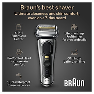 Braun Series 9 PRO+ Electric Razor for Men, 5 Pro Shaving Elements and Shave-Preparing ProComfort Head for Closeness & Skin Comfort, 6in1 SmartCare Center, Wet or Dry Use, Charging Stand, 9597cc