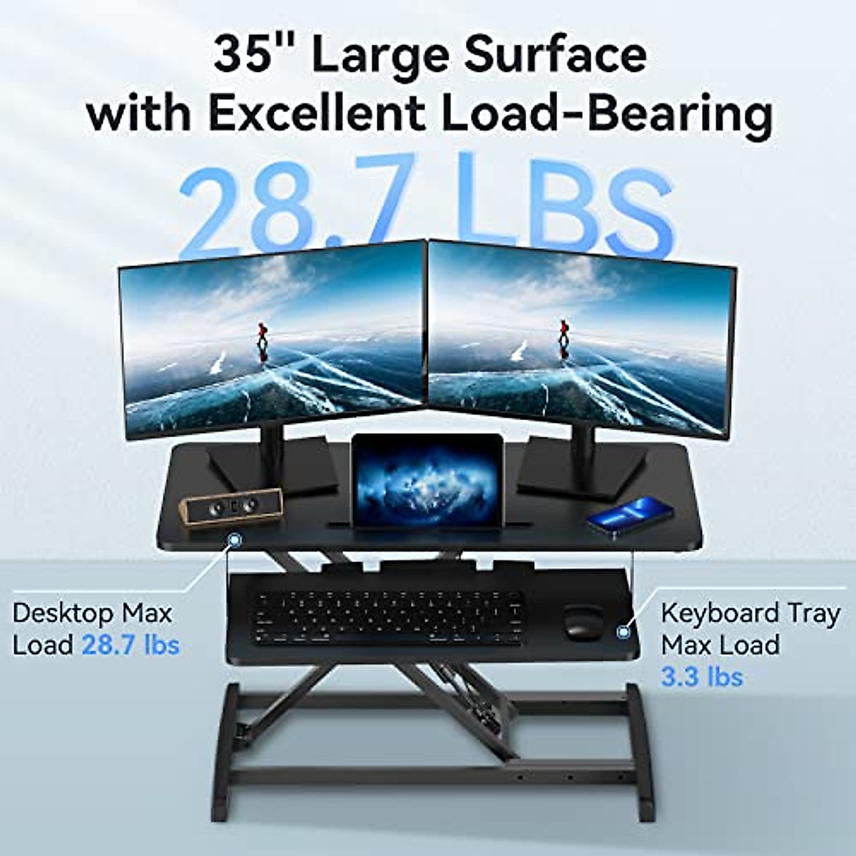 Standing Desk Converter, 35’’ W Height Adjustable Desk Riser w/ Detachable Keyboard Tray, Gas Spring , Fits Dual Monitors, Stand up Desk Riser for Standing or Sitting, Ideal for Home Office, Black