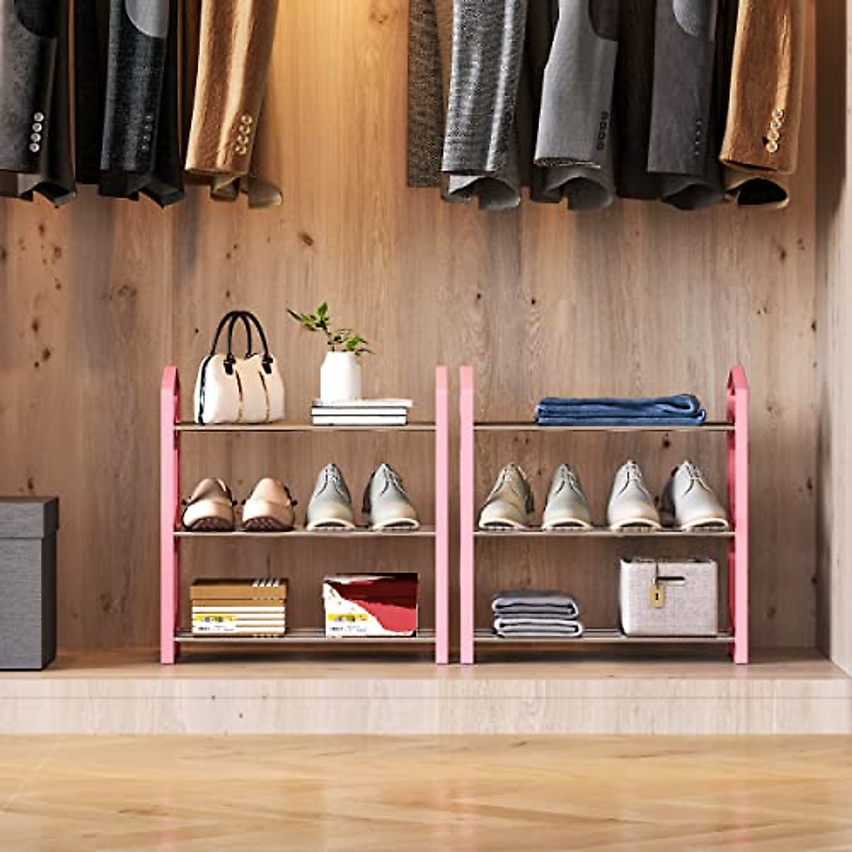 Hockmez 3-Tier Small Shoe Rack .Multifunctional Lightweight Kids Shoe Shelf Storage Organizer for Entryway Hallway Closet Bathroom Living Room (Pink)