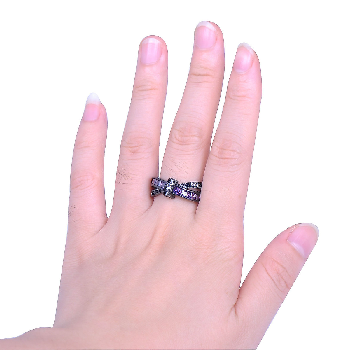 Bamos Jewelry Womens Purple ZC Stone Promise Gift Rings Lab for Engagement Wedding Criss Cross Black Gold Plated Ring for Her Size 9