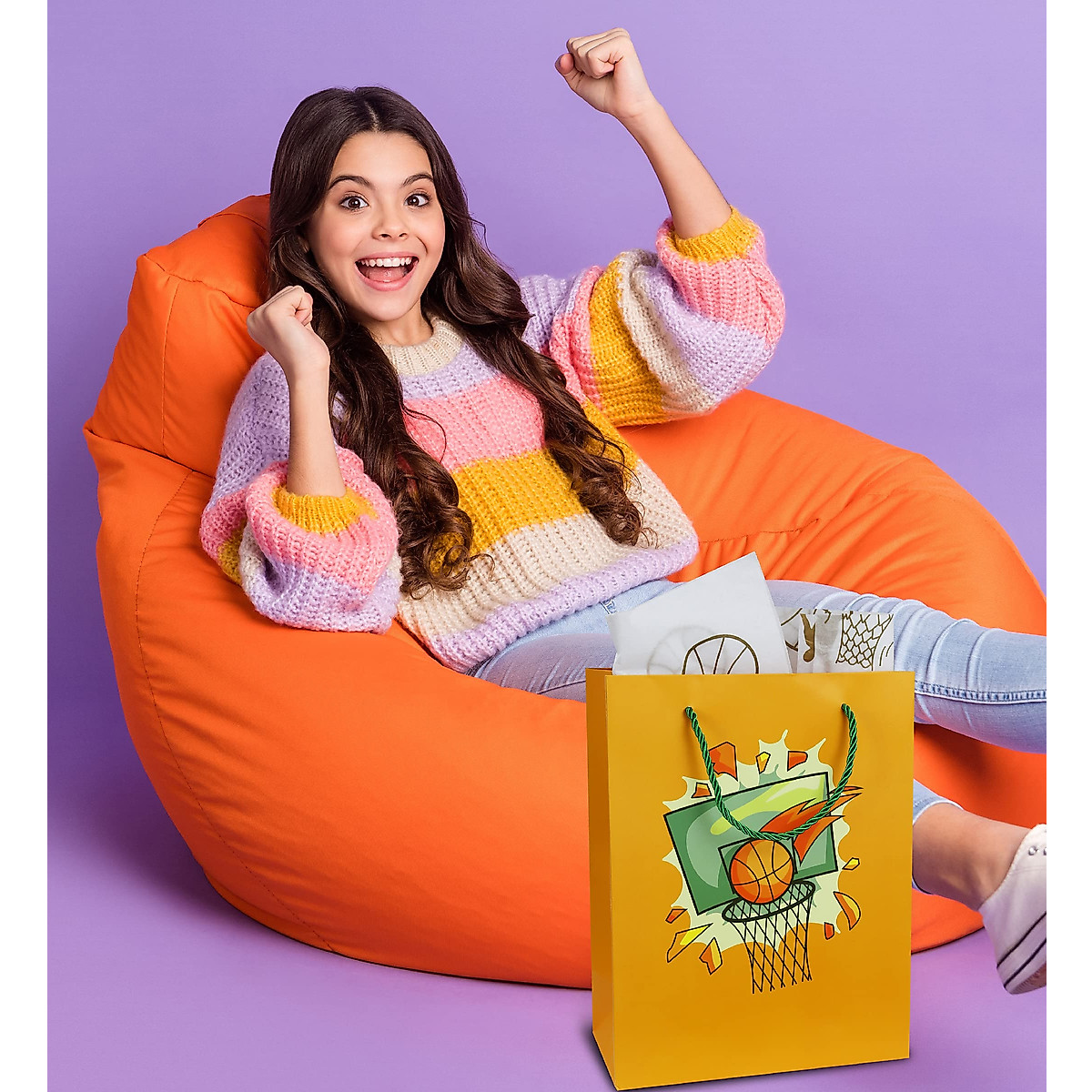 CoTa Global Basketball Gift Bag with Tissue Paper - Premium Large Gift Bag with String Handles, Reusable Orange Basketball Sport Gift Bag and Tissue Paper Set for Birthday and Occasions - 13 Inch