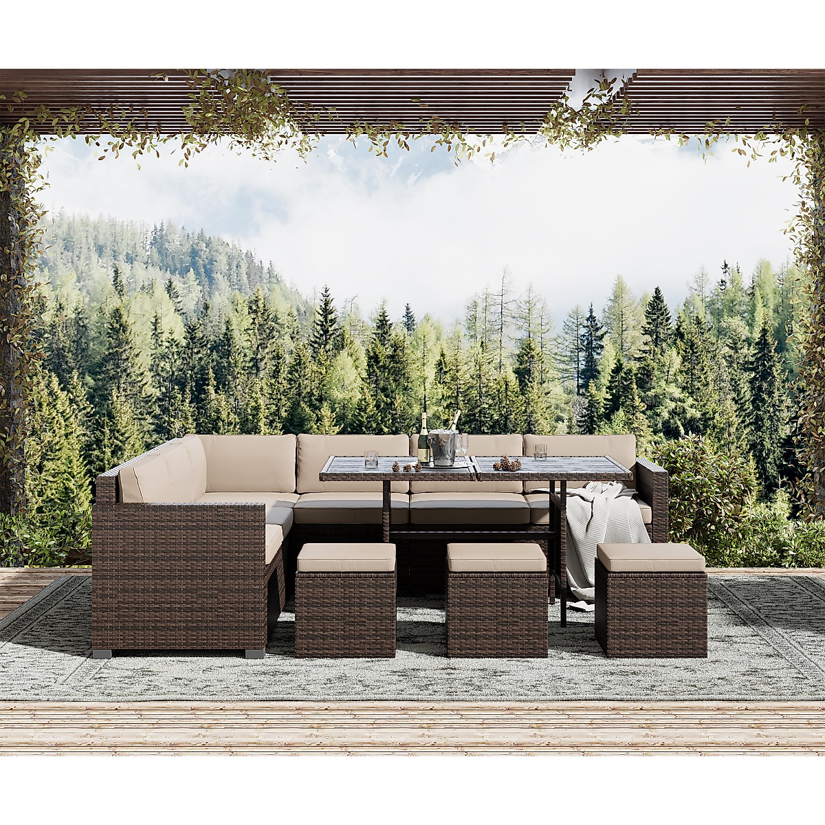 LHBcraft 7 Piece Patio Furniture Set, Outdoor Furniture Patio Sectional Sofa, All Weather PE Rattan Outdoor Sectional with Beige Cushions and Table, Brown Wicker (Brown),(OT002-GR/MS)