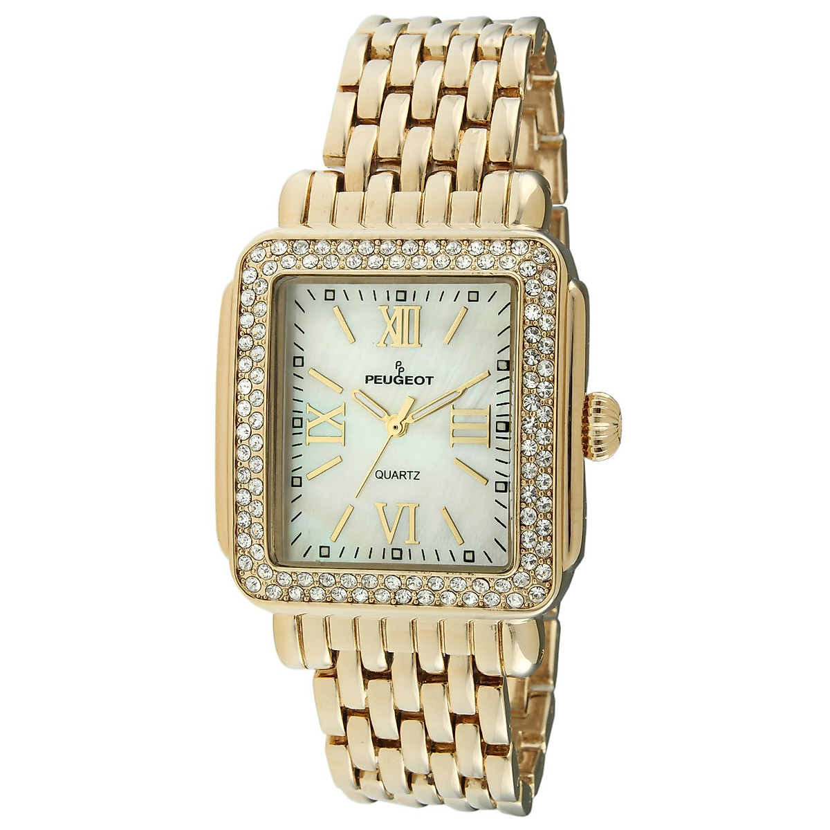 Peugeot Women Rectangle Dress Watch with Crystal Decorated Bezel, Roman Numerals and Bracelet