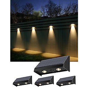 Solar Powered Fence Lights Outdoor Wall Mount LED Decorative Waterproof Yard Lamps for Outside Stair, Rail, Deck, Backyard, House Patio, Pool, Design for Long-Lasting Dusk to Dawn, Warm White 4 Pack