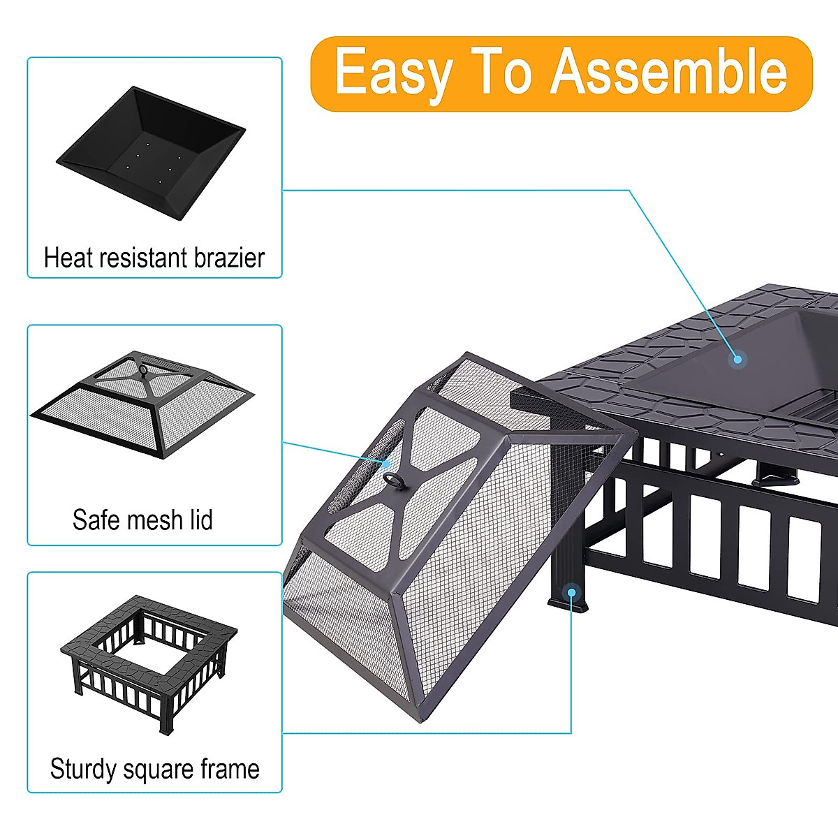 2022 Fire Pit,32inch Premium Outdoor Patio Fire Pits Table with Spark Screen Cover and Poker,Large Bonfire Wood Burning Firepit Fireplace for Outdoor Party,Backyard