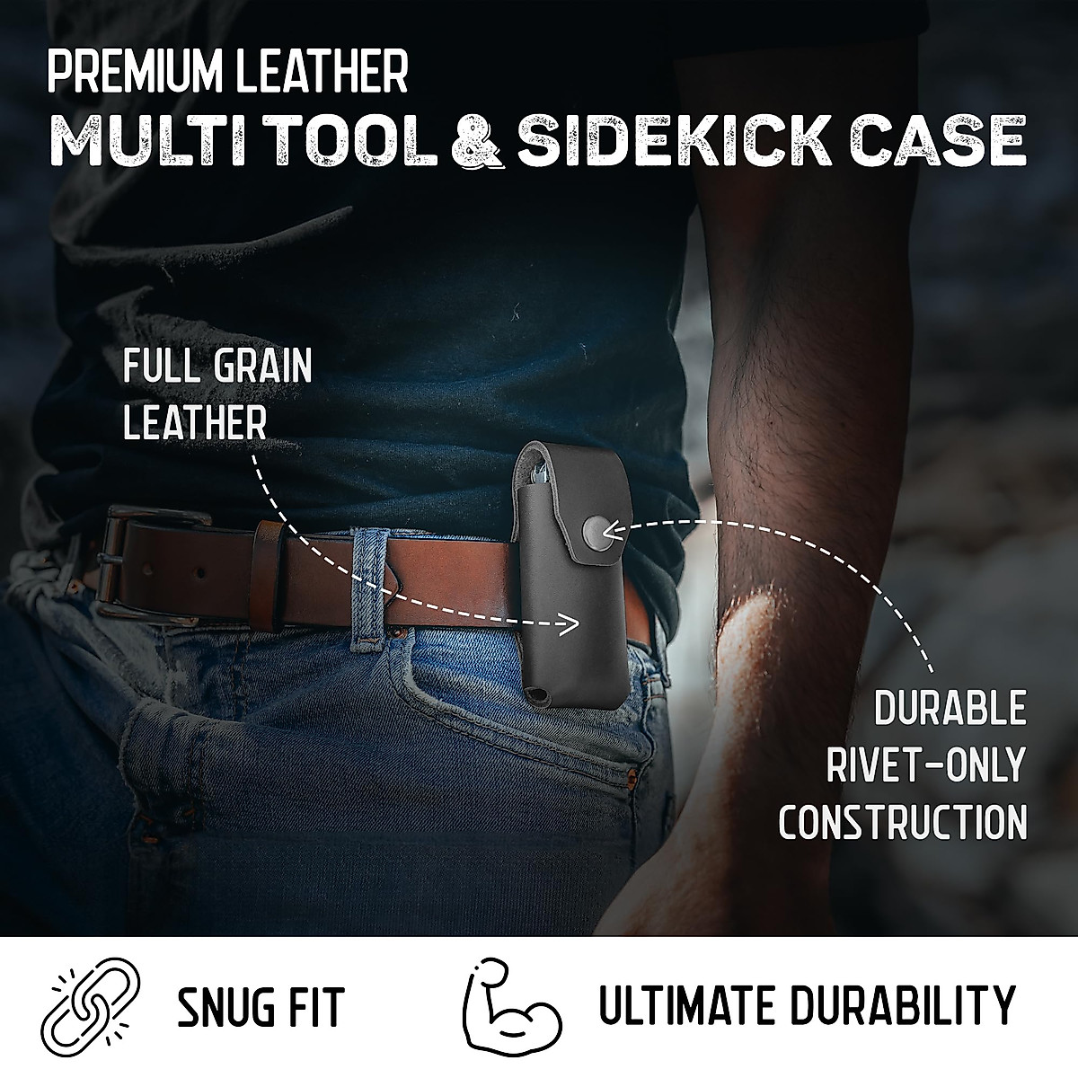 American Bench Craft Leather Multitool Sheath fits Leatherman Wingman, Sidekick, Reber, Rev, Fuse | Riveted Leatherman Case for Belt | Premium Full Grain Leather Sheath/Holster with Brass Snap - Black