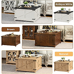 Joaxswe Farmhouse Coffee Table with Hidden Storage Space, Wood Square Large Center Table for Living Room, Farm House Rustic Brown Retro Coffee Tables with Hinged Lift Top for Meeting Room, Home