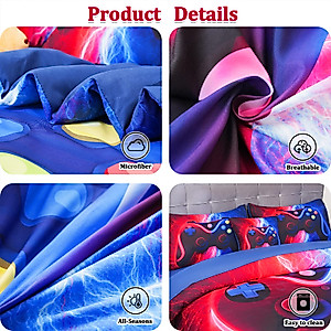 ASKOTU Gaming Bedding Sets for Boys Girls Kids, Red Blue Lightnings Game Console 6 Pcs Bed in A Bag Full Size Comforter Sets with Sheets