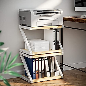 HUANUO Printer Stand, Desktop Stand for Printer, Printer Stand with Storage, Desktop Shelf with Anti-Skid Pads, Printer Table Organizer, Printer Shelf w/ 2 Tier Tray & Hardware & Steel (Light Wood)