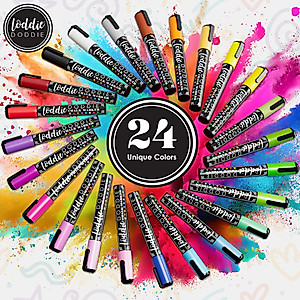 Loddie Doddie Liquid Chalk Markers | Dust Free Chalk Pens - Perfect for Chalkboards, Blackboards, Windows and Glass | 6mm Reversible Bullet & Chisel Tip Erasable Ink (Pack of 24)