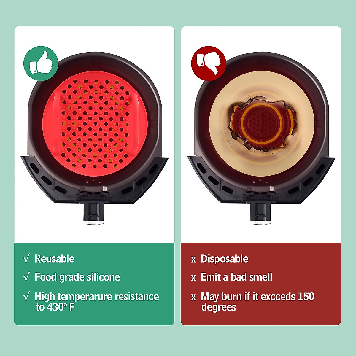 Coolnice air fryer mat - 2 PCS（Small & Large Size）Air fryer silicone liners for counter heat resistant reusable non sticky heat proof pad for kitchen baking accessory cooking utensils (BLACK)