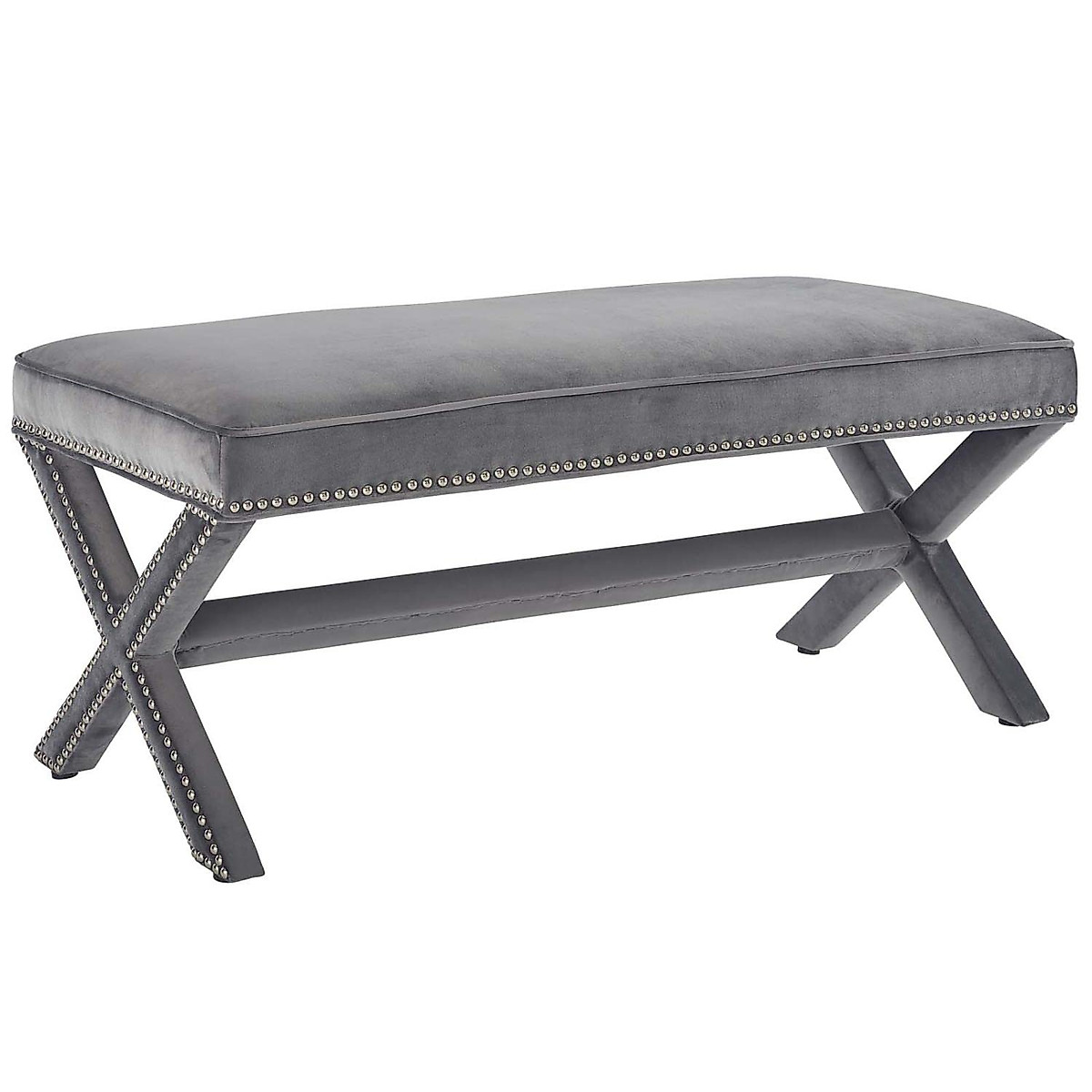 Modway Rivet Contemporary Modern Upholstered Velvet X-Base Accent Bench With Nailhead Trim In Gray