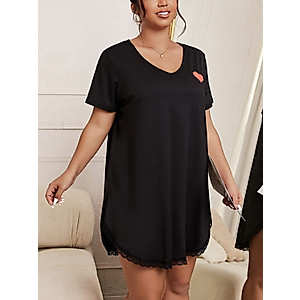 Floerns Women's Plus Size V Neck Short Sleeve Lace Trim Nightdress Sleepwear Black 3XL
