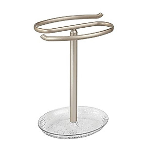 mDesign Steel Fingertip Towel Rack Stand with Base Tray - Towel Holder, Towel Bar for Bathroom, Kitchen, Powder Room - Holds Hand Towel, Washcloths - Rain Collection - Clear/Satin