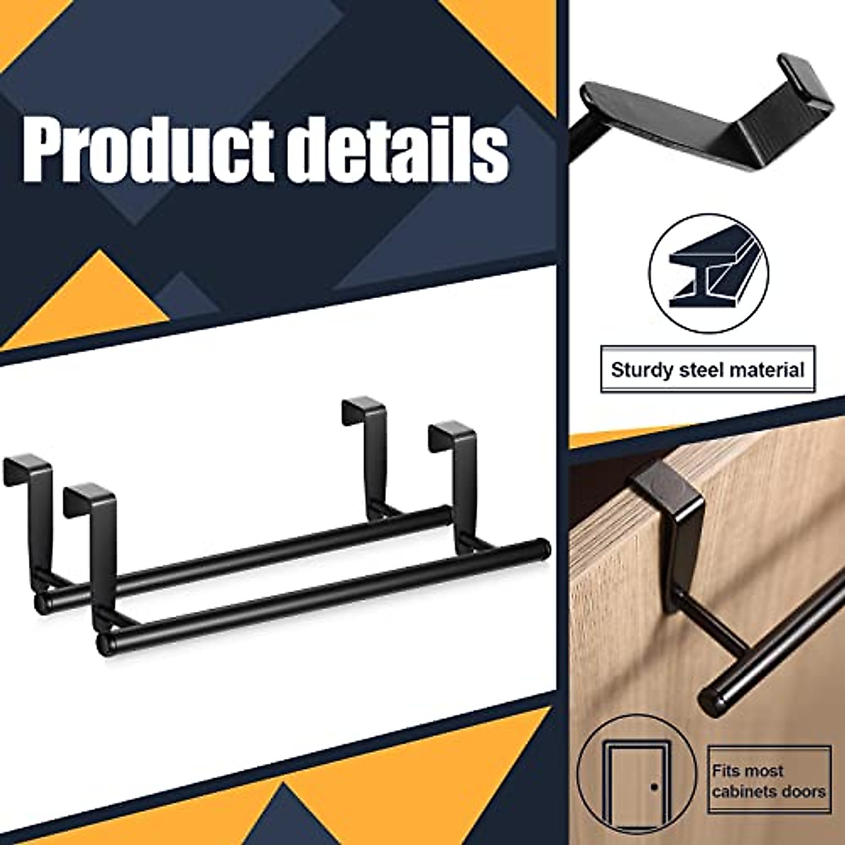 2 Pack Towel Rack for Cabinet Steel Over Door Towel Rack Modern Over Cabinet Towel Hanger Black Towel Bar Holder 9 Inch Storage Organizer for Universal Fit on Kitchen Bathroom Over Cabinet Cupboard
