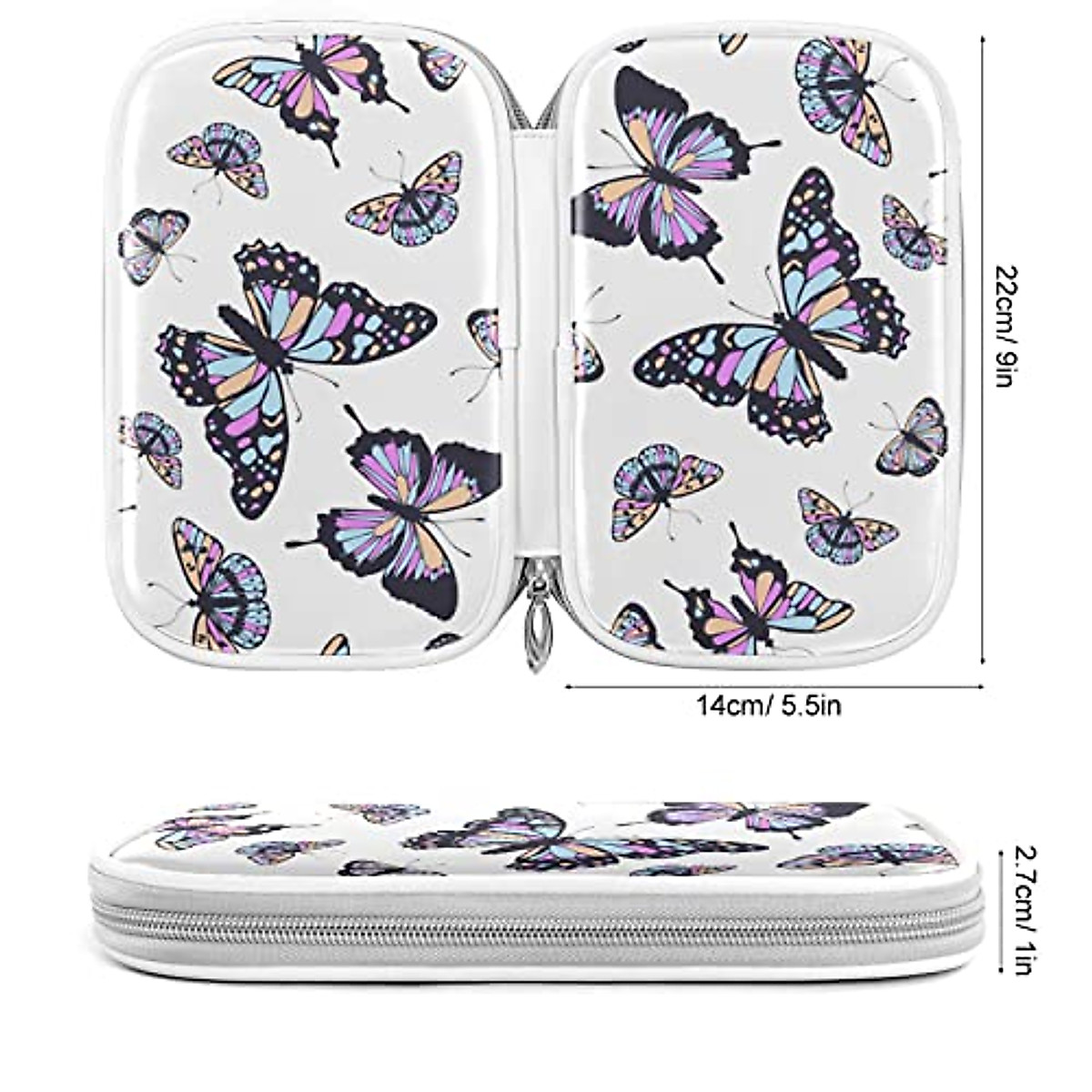 ZZKKO Butterflies White Pencil Bag Case Zipper Pencil Holder Organizer Stationary Pen Bag Cosmetic Makeup Bag Pouch Purse for School Office Supplies