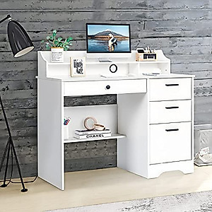 White Desk with Drawers and Storage, Home Office Desk Computer Desk with 4 Drawers & Hutch, Home Desk Small White Desk with Drawers for Bedroom, Home Office, White