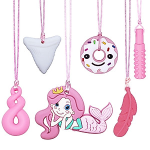 Chew Necklaces for Sensory Kids Adults, 6 Pack Silicone Sensory Chew Toys for Autistic Children with ADHD/SPD/Autism/Anxiety, Pink Chewy Necklace Stim Toy for Teething Chewing Biting Fidgeting